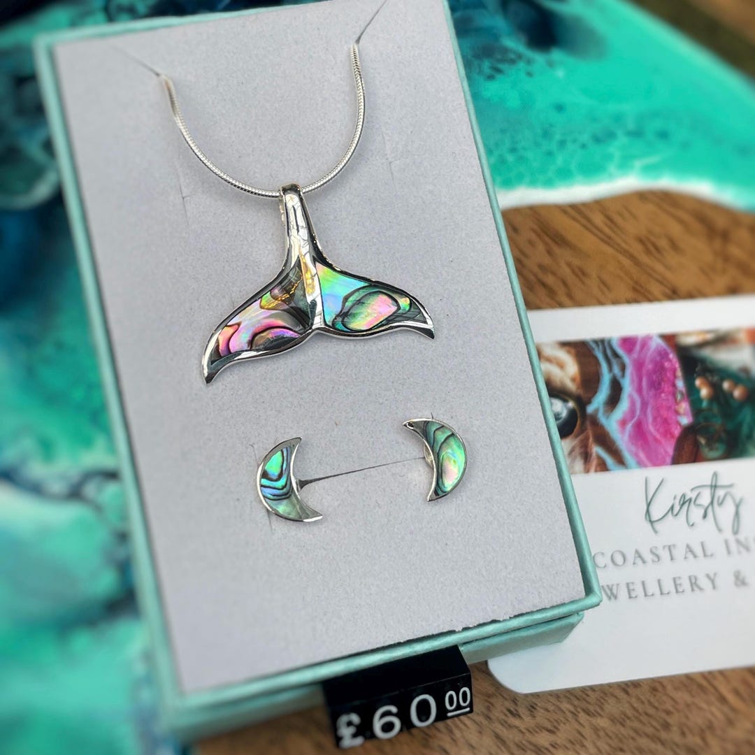 Abalone Whale Tail Sterling Silver Pendant and Earring Set - Crescent ...