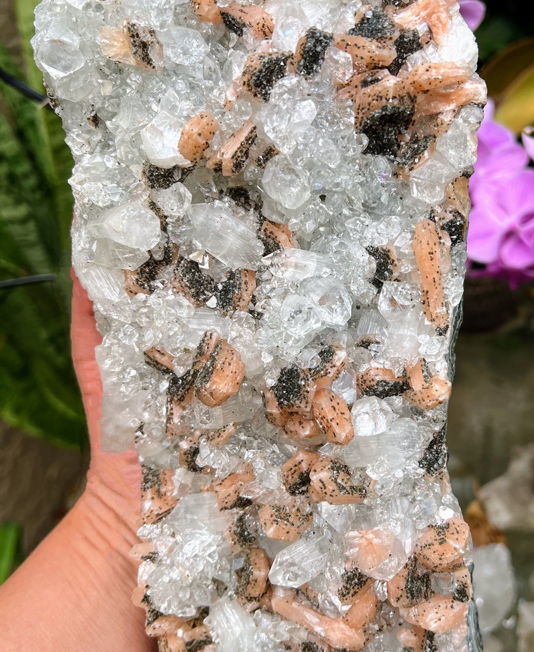 XL Apophyllite Stilbite Cluster With Goethite, Sparkling Black Goethite ...