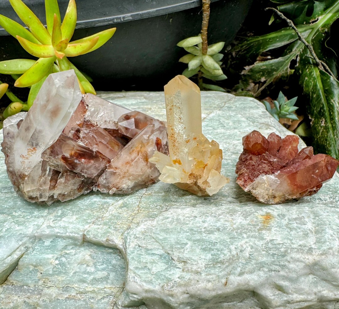 Dynamic Trio Crystal Set, 3 Crystal Bundle, Quartz Clusters Bundle, Mango Quartz, Tangerine ...