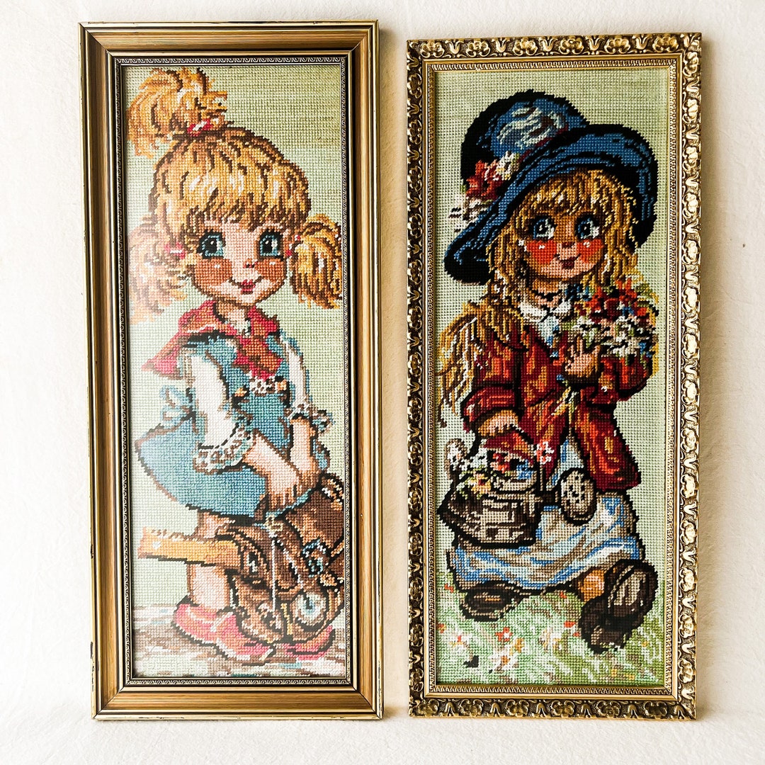 1960s Big Eye Poulbots Kitsch Needlepoint Framed - Etsy