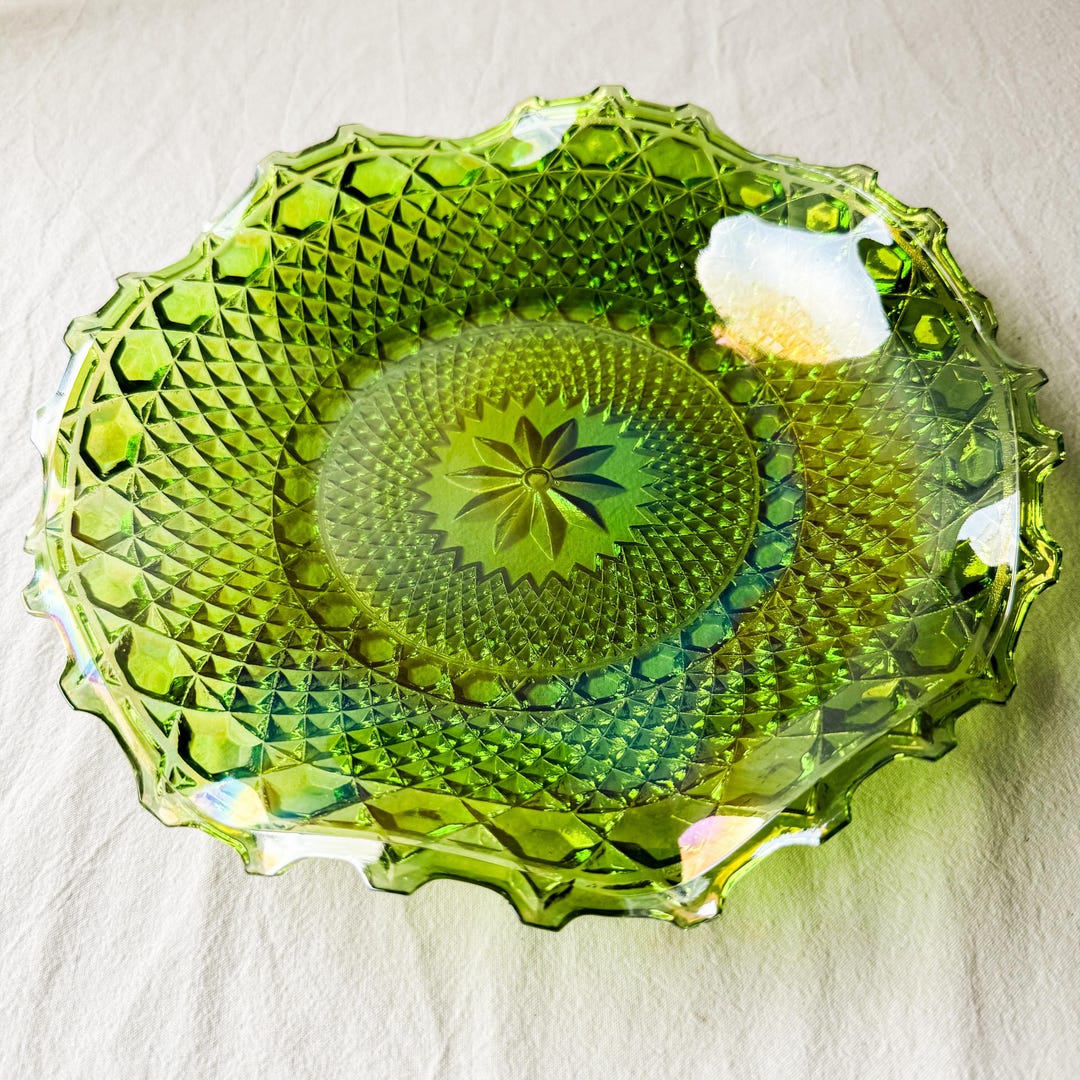 Vintage 1970s Indiana Glass Green Iridescent Carnival Glass Pinwheel ...
