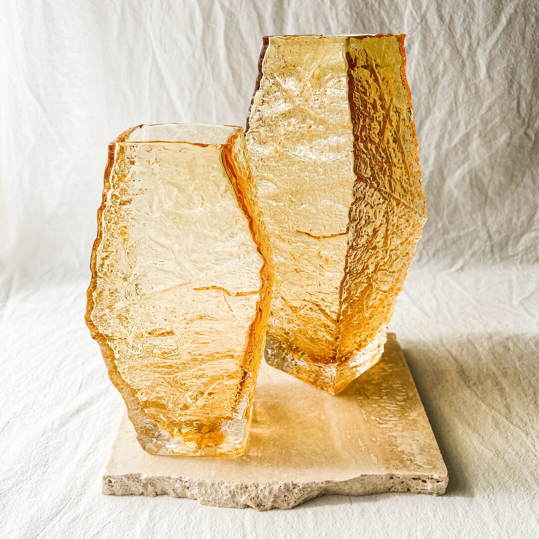 Vintage Rhombic Shaped Amber Ice Bark Glass Vases - Etsy