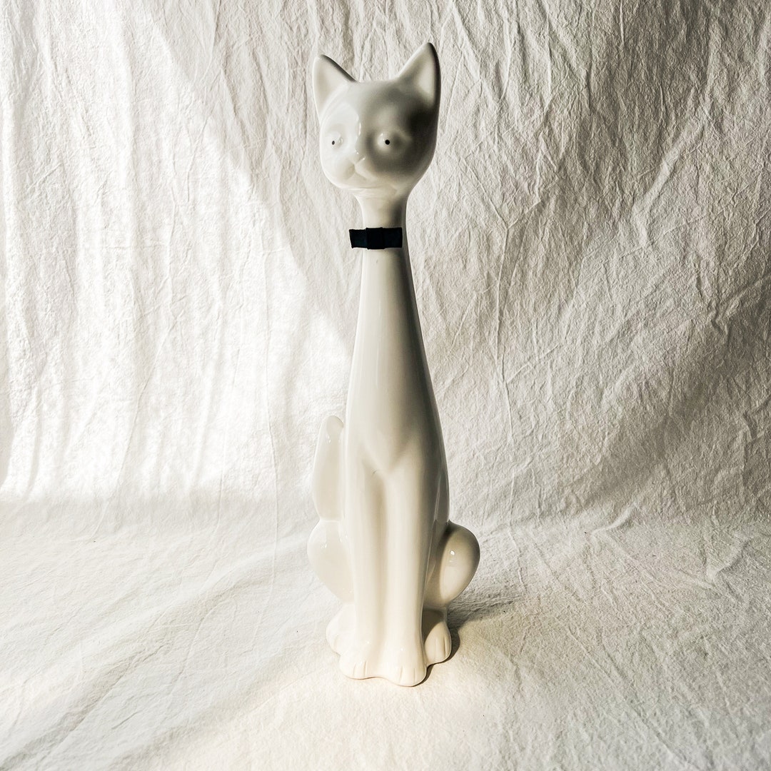 Vintage White Ceramic Long Neck Cat With Bow Tie Kitsch Decor - Etsy