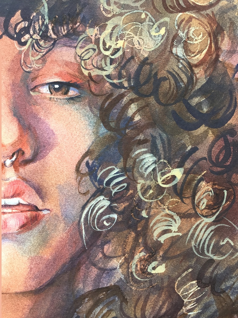 Watercolor Portrait Of A Dark Skinned Girl Interior Portrait Etsy
