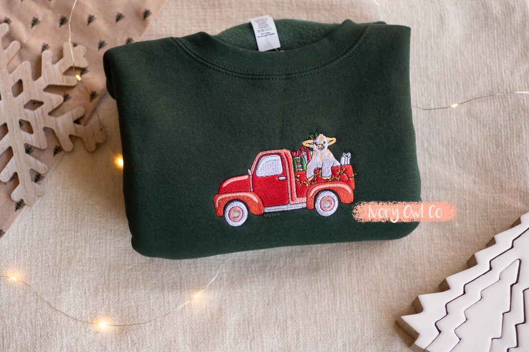 Christmas Cow in Red Truck Embroidered Sweatshirt - Etsy
