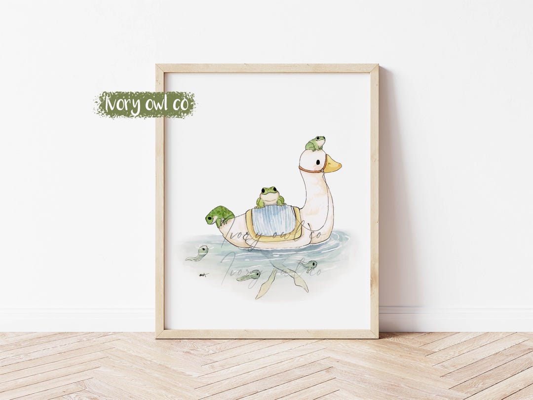 Swimming Goose With Frogs Watercolor Print - Etsy