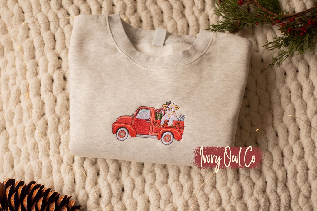Christmas Cow in Red Truck Embroidered Sweatshirt - Etsy