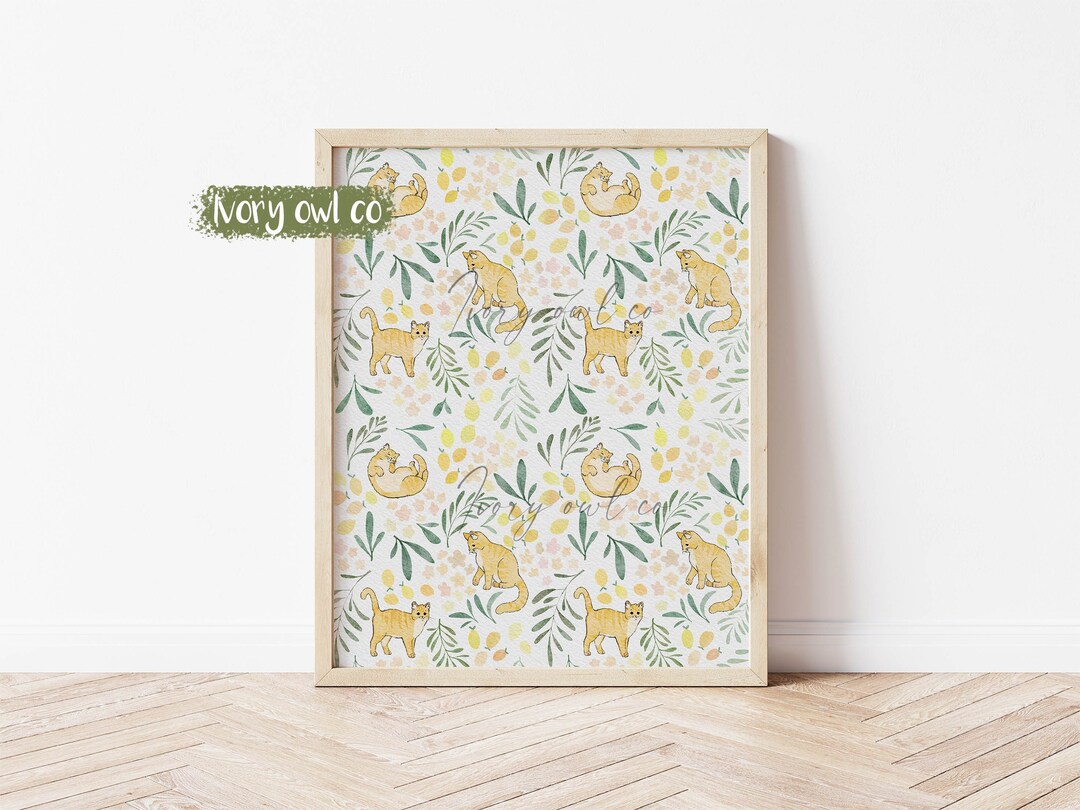 Watercolor Lemon Cat Floral Pattern Print - Etsy