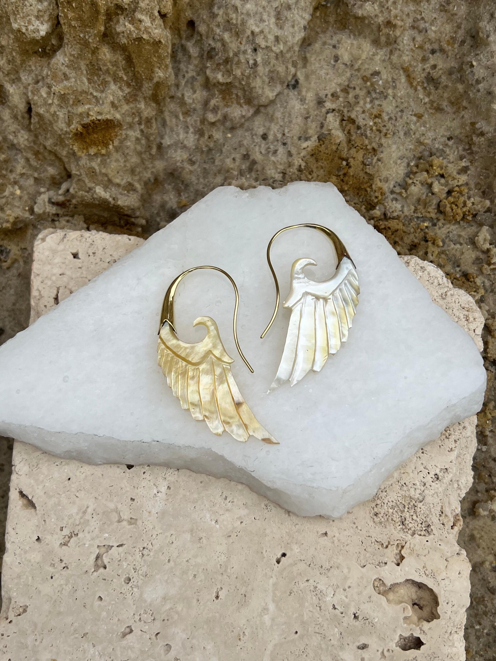 Hand Carved Golden Wing Earrings, Shell and Brass Earrings - Etsy
