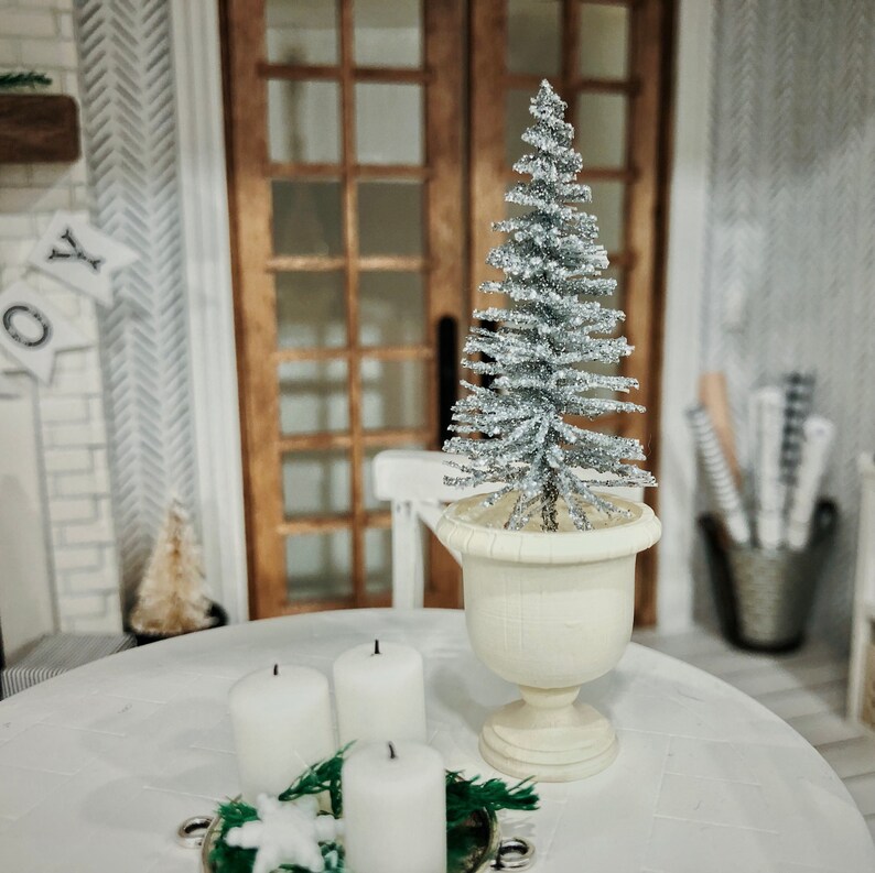 Glitter Silver Topiary Tree in White Urn Dollhouse 1:12 Miniature ...