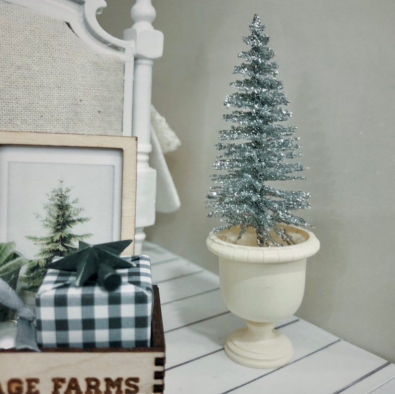 Glitter Silver Topiary Tree in White Urn Dollhouse 1:12 Miniature ...