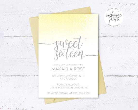 Sweet 16 Yellow & Silver Glitter Birthday Party Invitation - Etsy