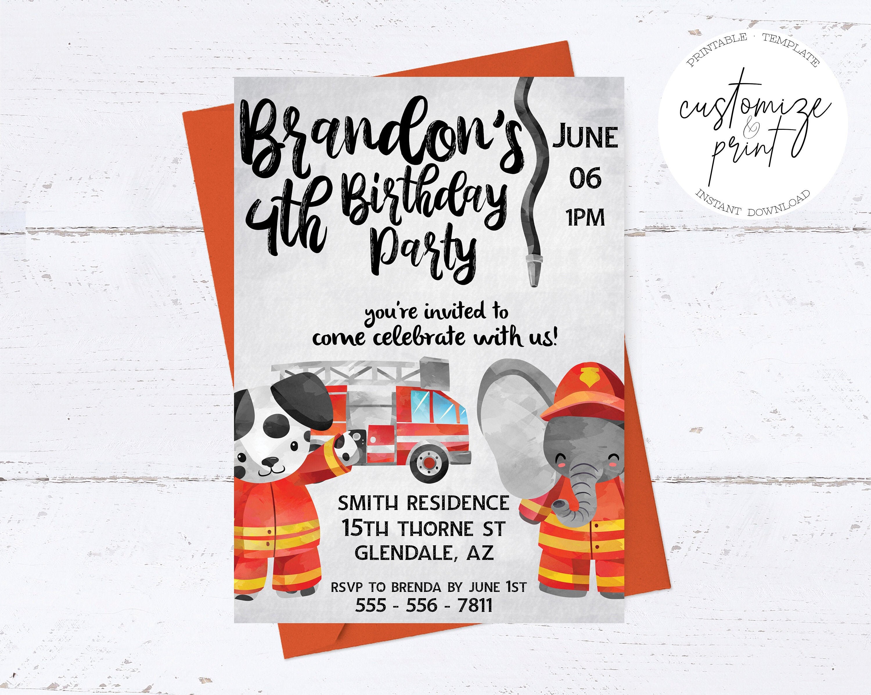 Firefighter Birthday Invitation Editable Template, Printable & Instant ...