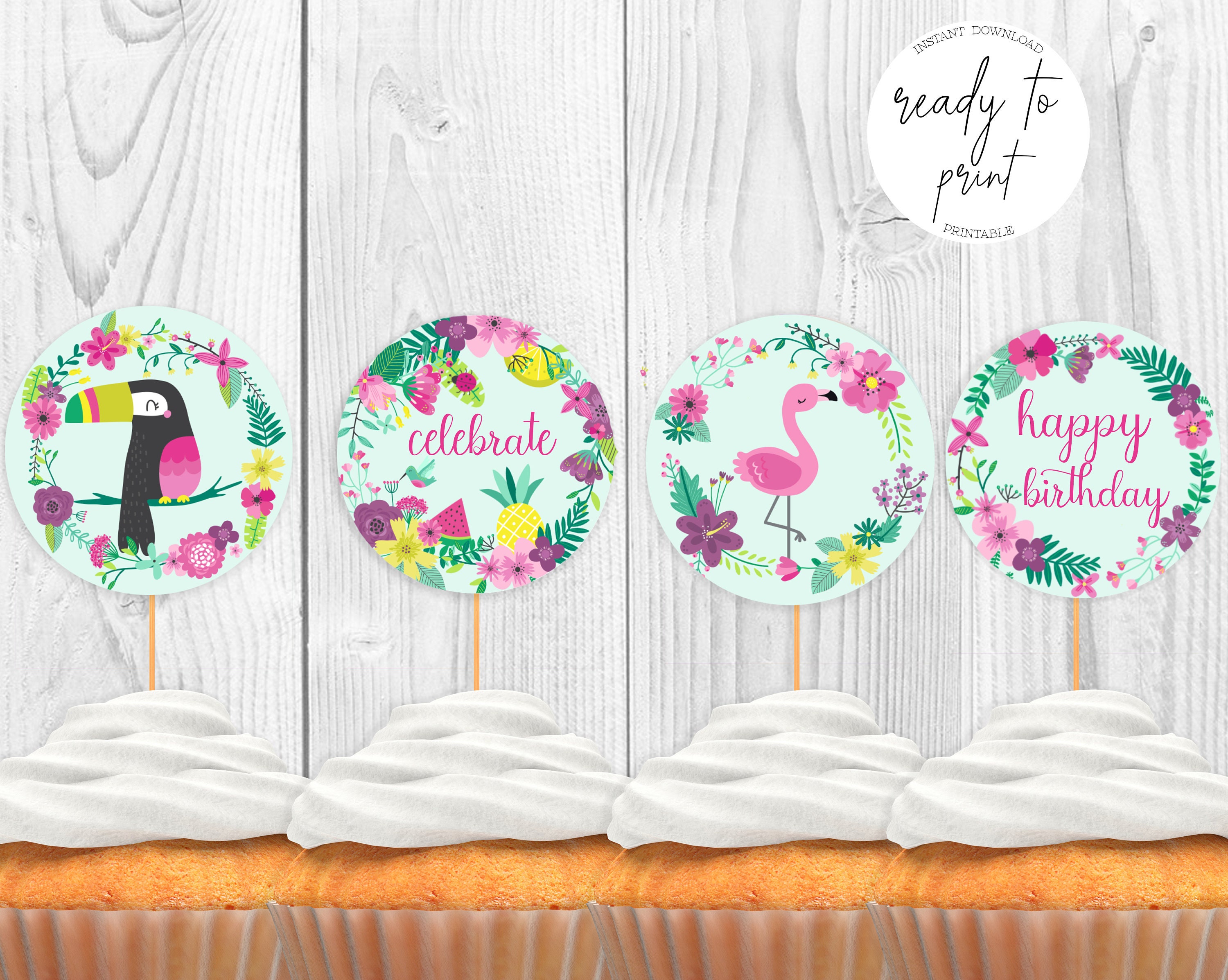 Tropical Birthday Cupcake Toppers Printable Instant Download | Etsy