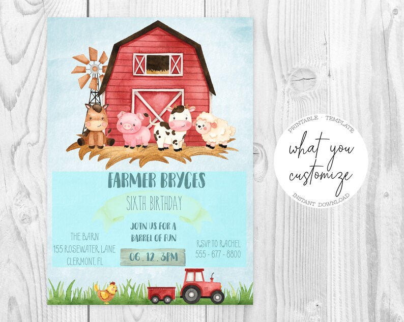 Farm Birthday Invitation Template Printable, Instant Download - Etsy