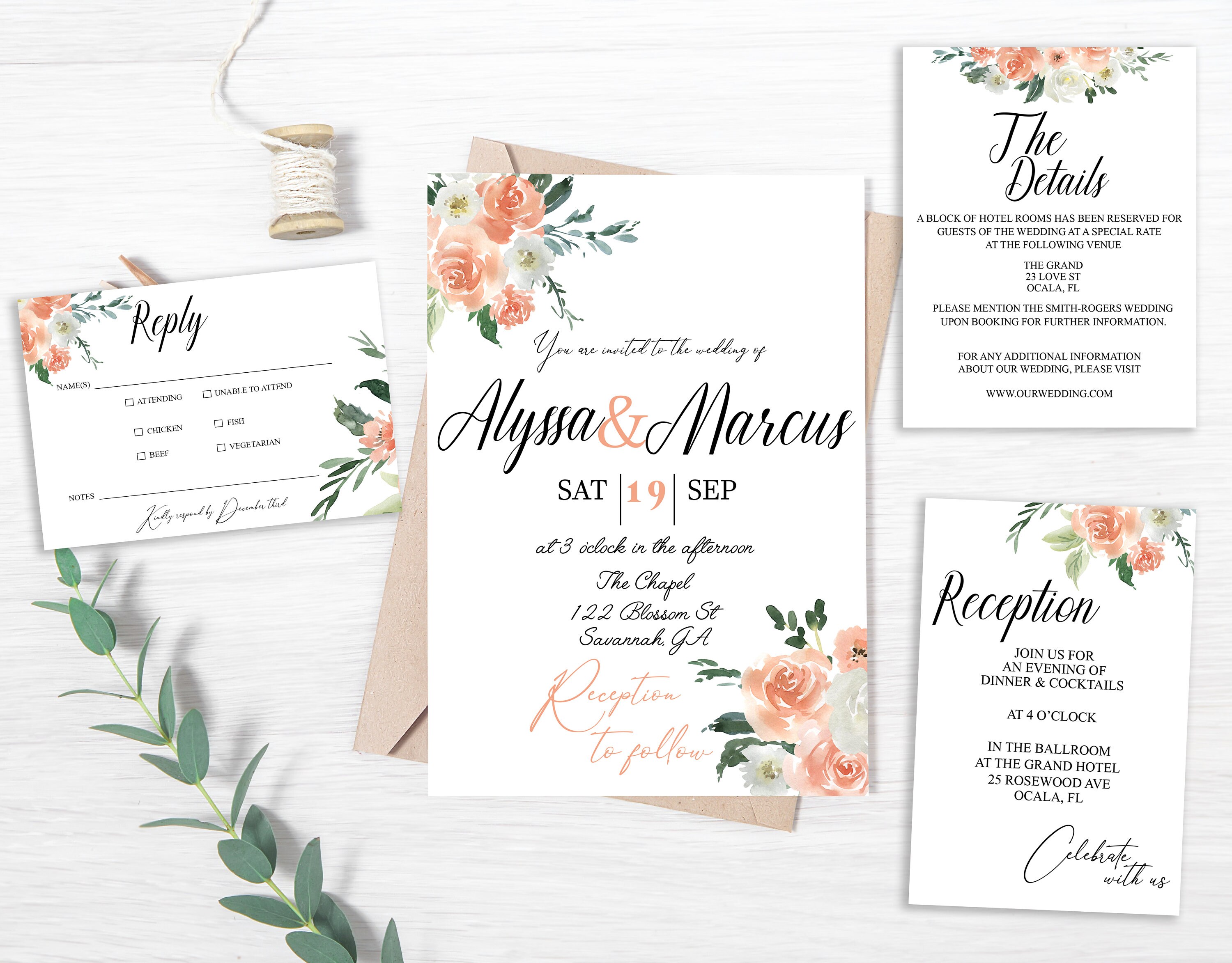 Coral Floral Wedding Invitation Complete Collection Editable Templates ...