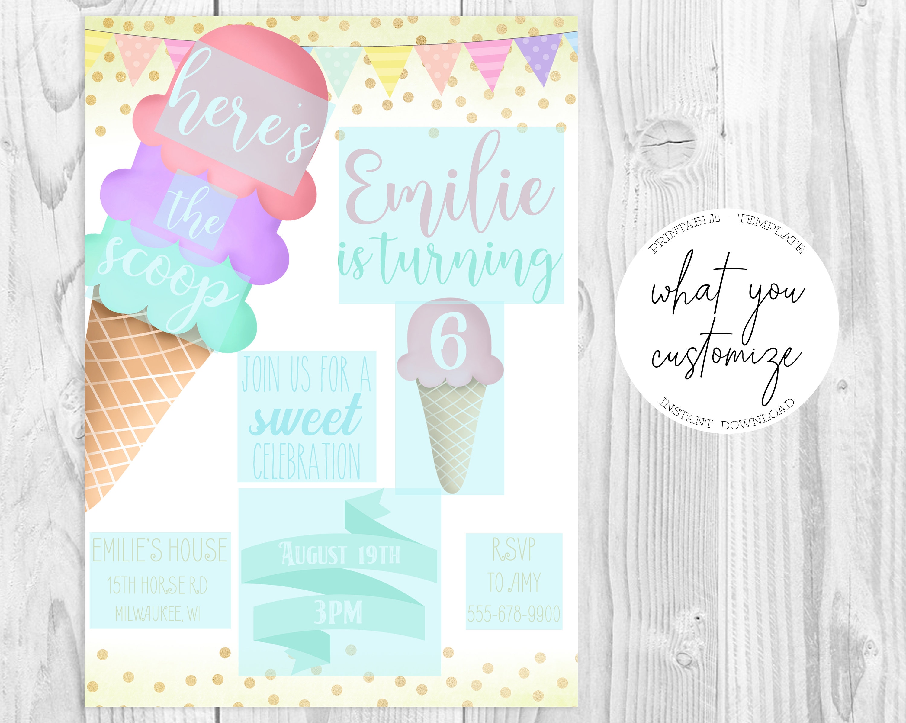 Ice Cream Birthday Party Invitation Editable Template, Printable ...