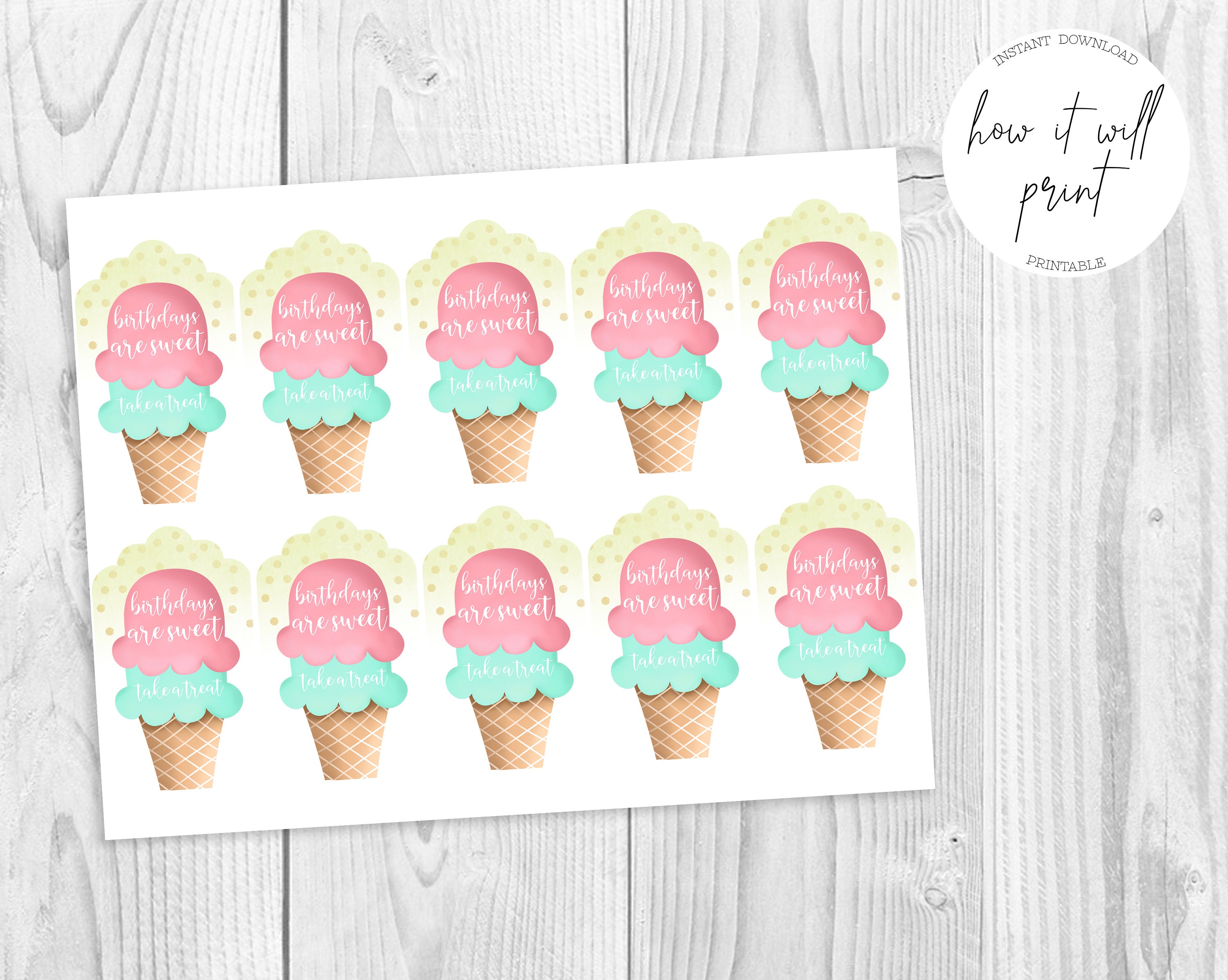Ice Cream Birthday Party Printable Favor Tags, Instant Download - Etsy