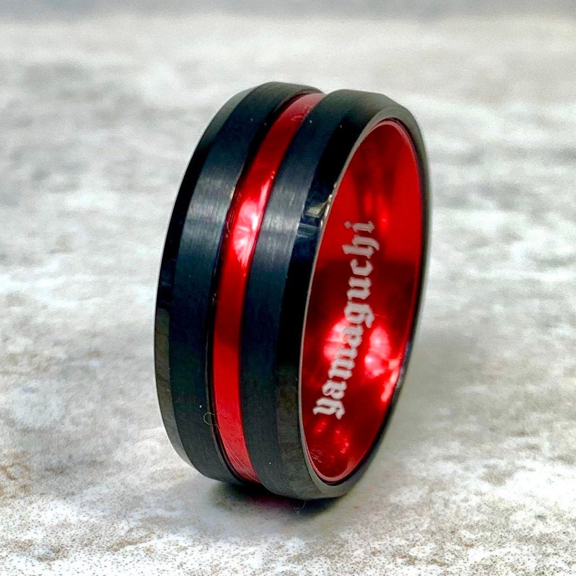 Tungsten Engraved Red Black Ring Striped Beveled Edges 6MM & - Etsy