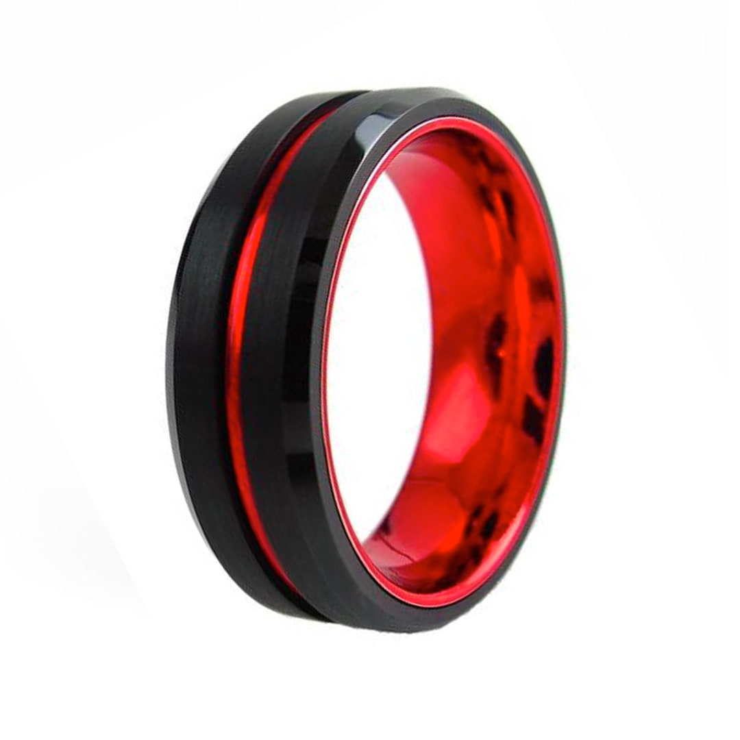 Tungsten Engraved Red Black Ring Striped Beveled Edges 6MM & 8MM Men ...