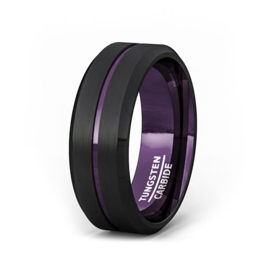 Deep Purple Black Tungsten Ring Purple Stripe & Inner Band Beveled ...