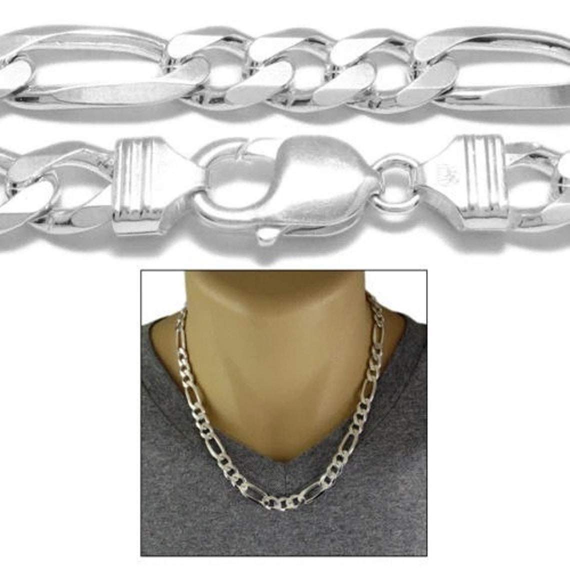 Sterling Silver Figaro Chain Necklace 11mm gauge 300. - Etsy