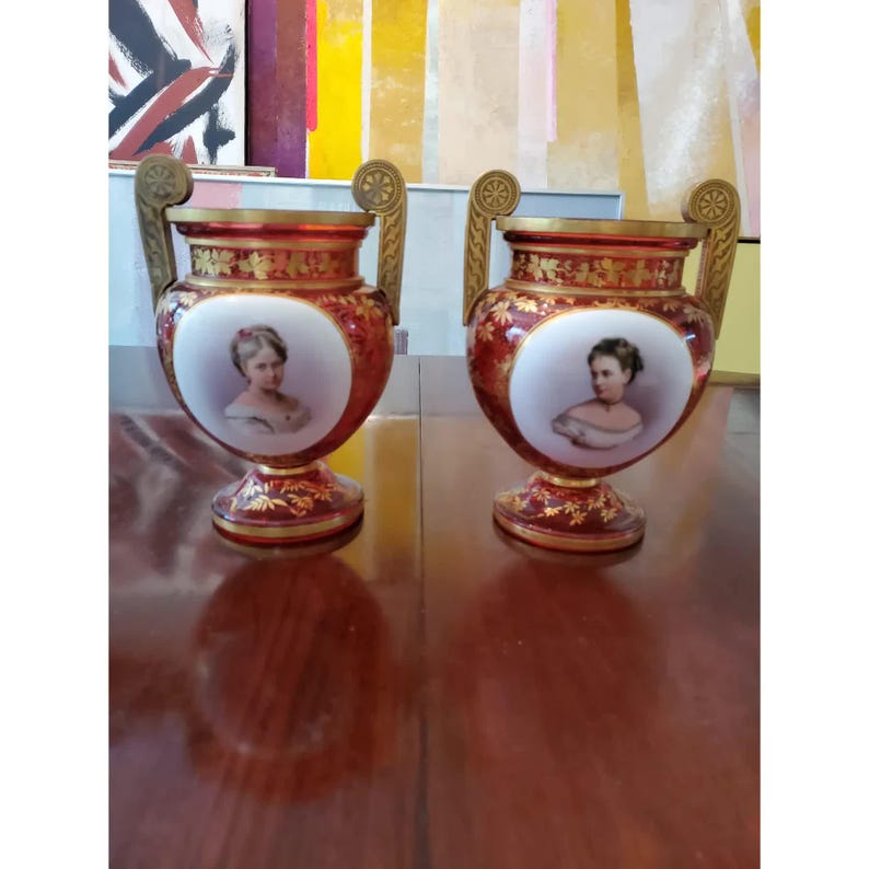 Antique Bohemian Glass Moser Ruby Urns Plaque Decor- a Pair - Etsy