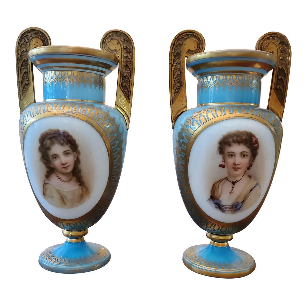 Antique Bohemian Glass Moser Vases With Bronze Handles - a Pair - Etsy
