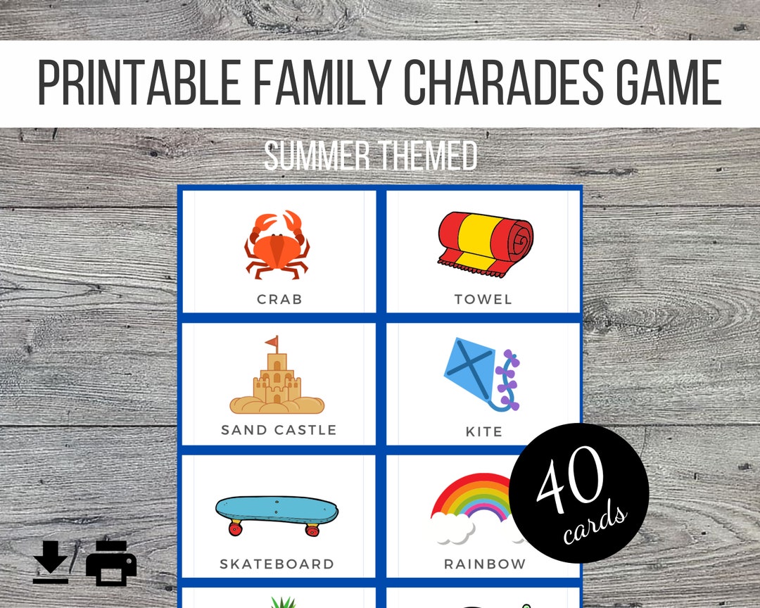 Family Summer Themed Printable Charades Cards Game, 40 Colourful Image ...