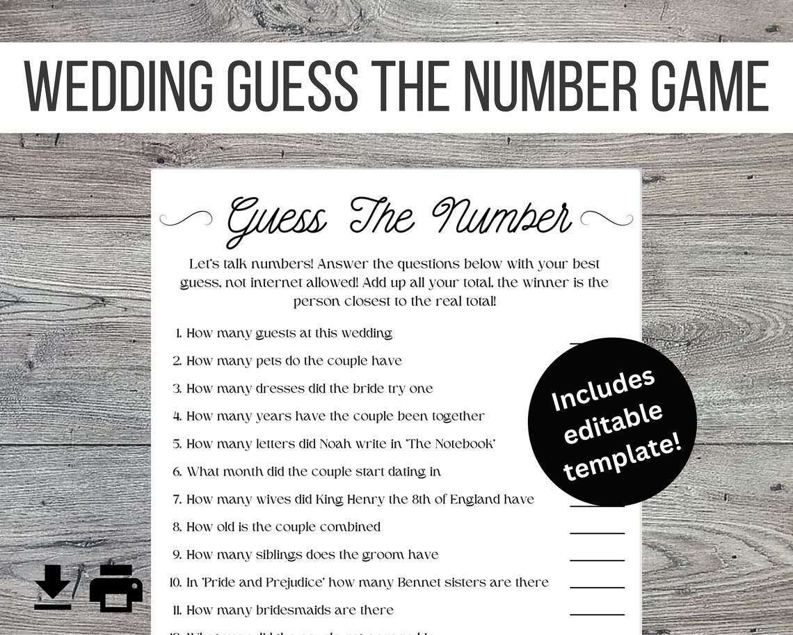 Wedding Table Games Guess the Number Printable Games, Wedding Party ...