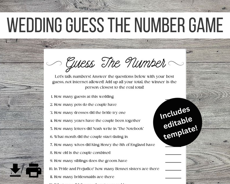 Wedding Table Games Guess the Number Printable Games, Wedding Party ...