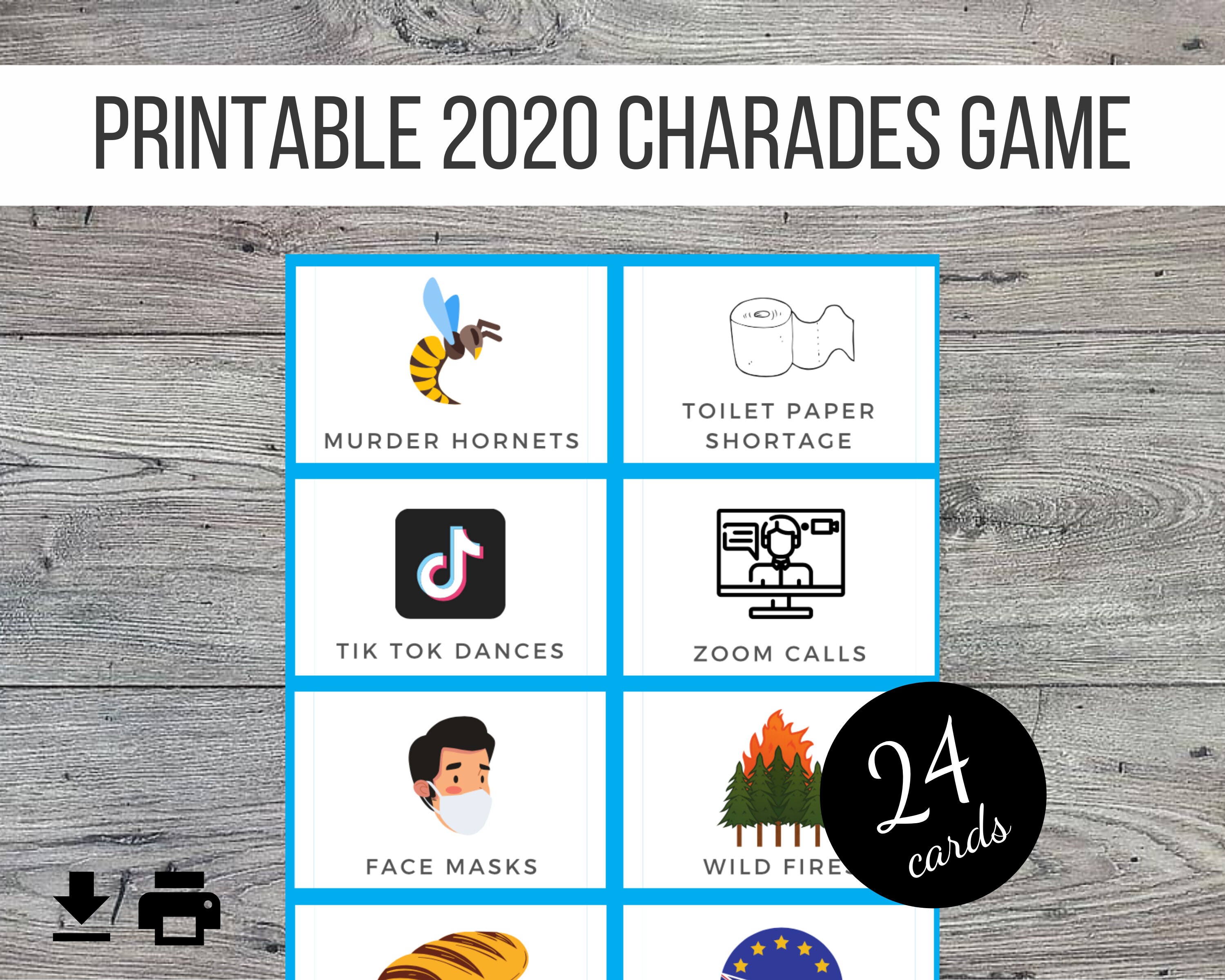 2020 Printable Charades or Pictionary Cards Game, 24 Colourful Image ...