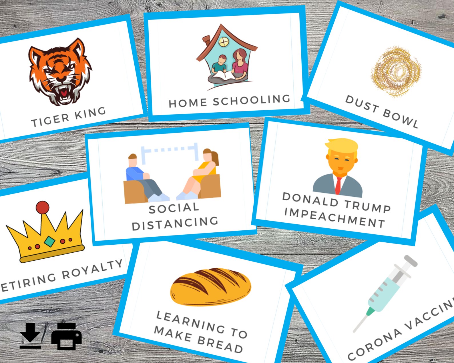 2020 Printable Charades or Pictionary Cards Game, 24 Colourful Image ...