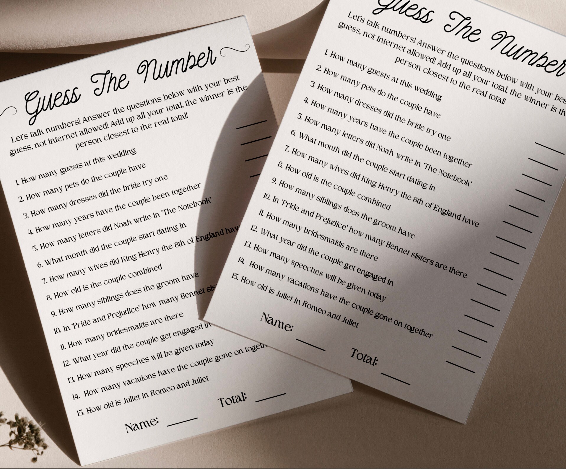 Wedding Table Games Guess the Number Printable Games, Wedding Party ...