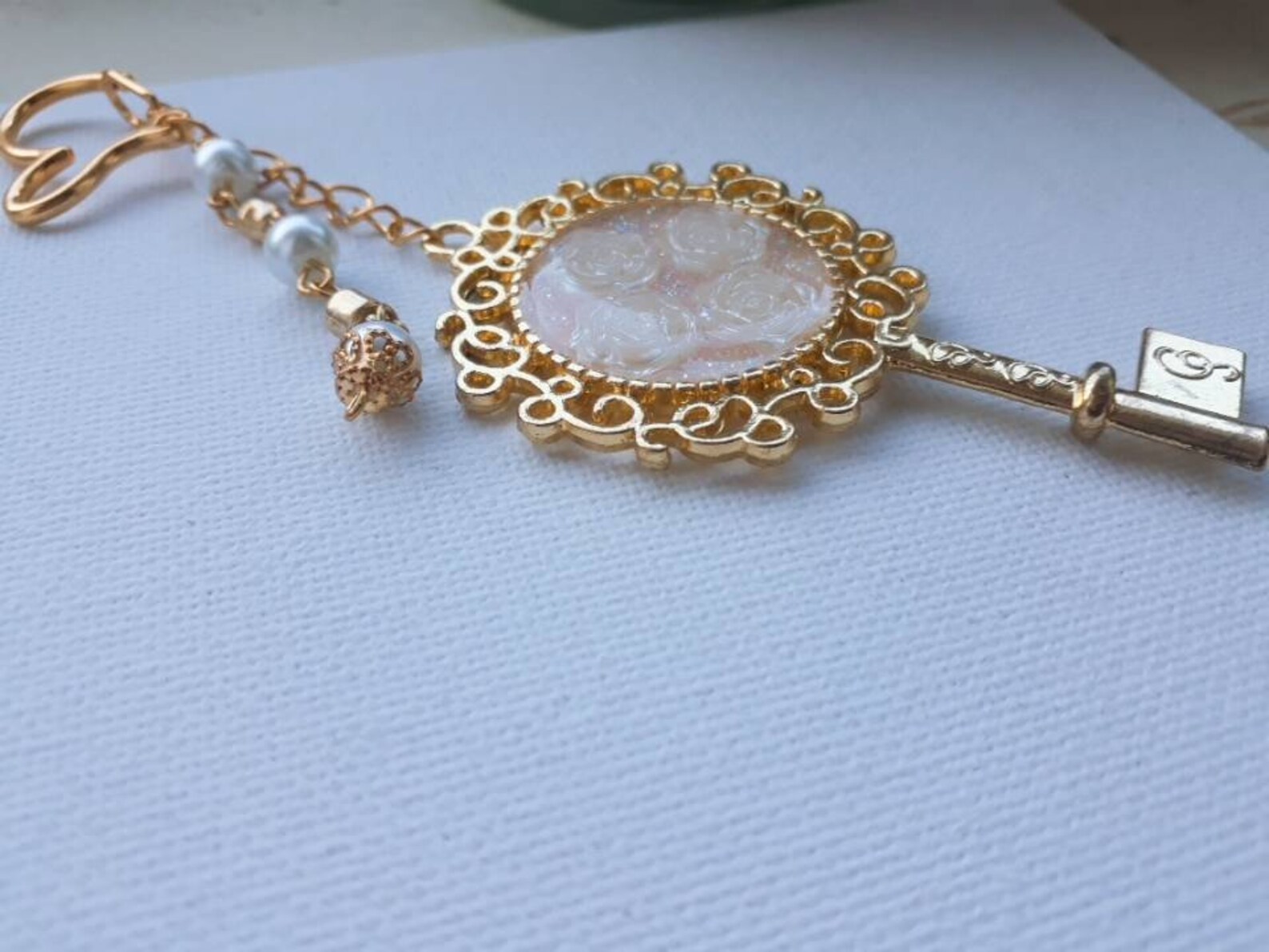 Key Style Keyring With White Rose Design - Etsy