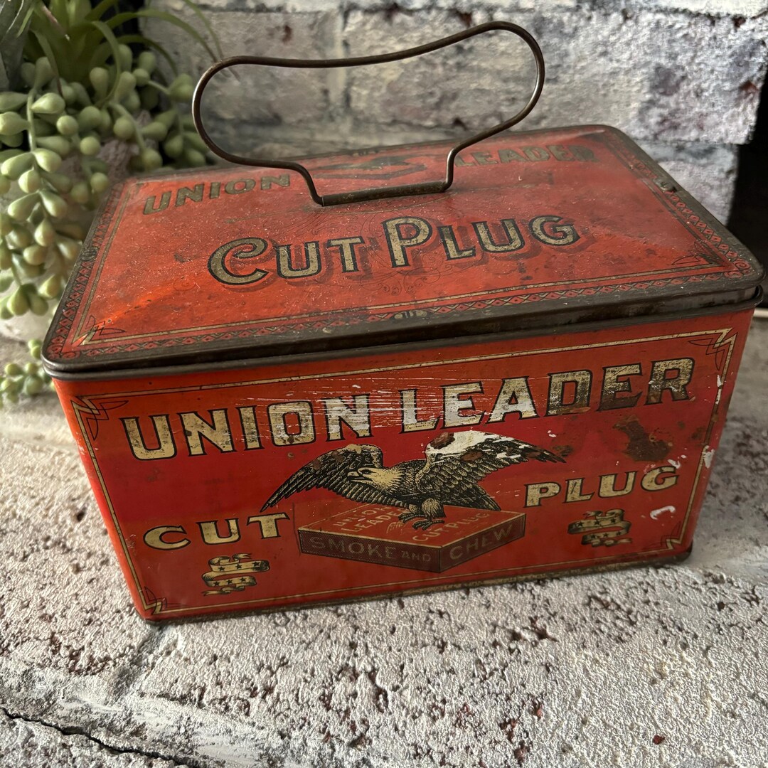 Vintage Union Leader Tobacco Tin | Metal Box W/ Hinged Lid | Union ...
