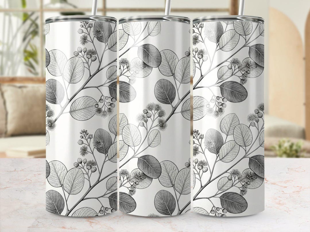 Black and White Eucalyptus Sepia Botanical Tumbler Wrap PNG, 20 Oz ...