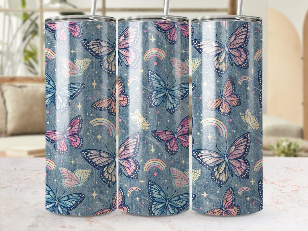 Y2K Butterflies and Rainbows Tumbler Wrap PNG, 20oz Skinny Tumbler Wrap ...