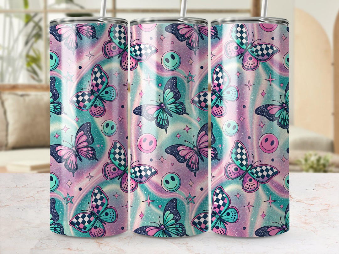 Y2K Butterfly Smiley Checkered Tumbler Wrap PNG Sublimation, Pastel ...