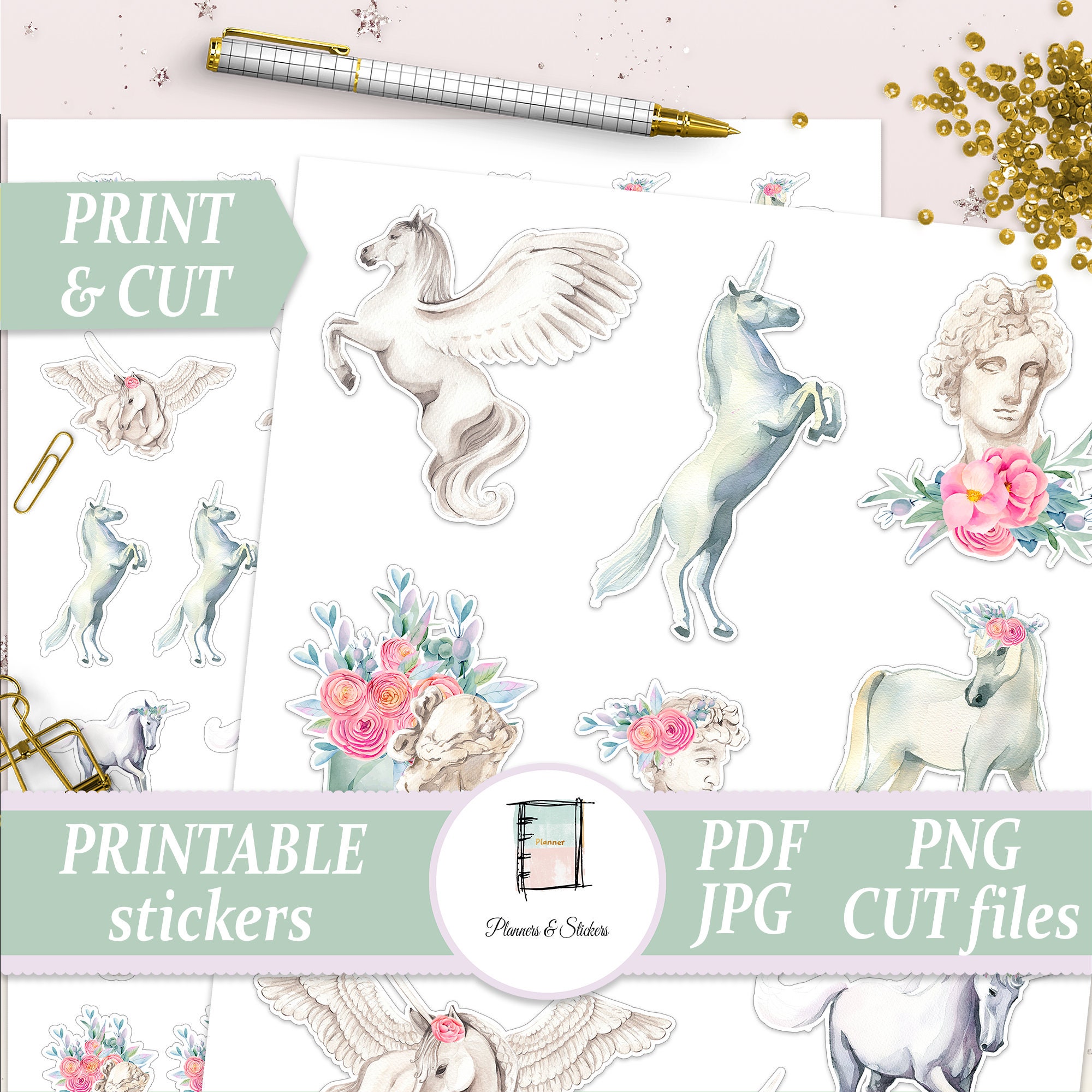 Sets Unicorn printable planner stickers Gold glitter unicorn prints Die ...