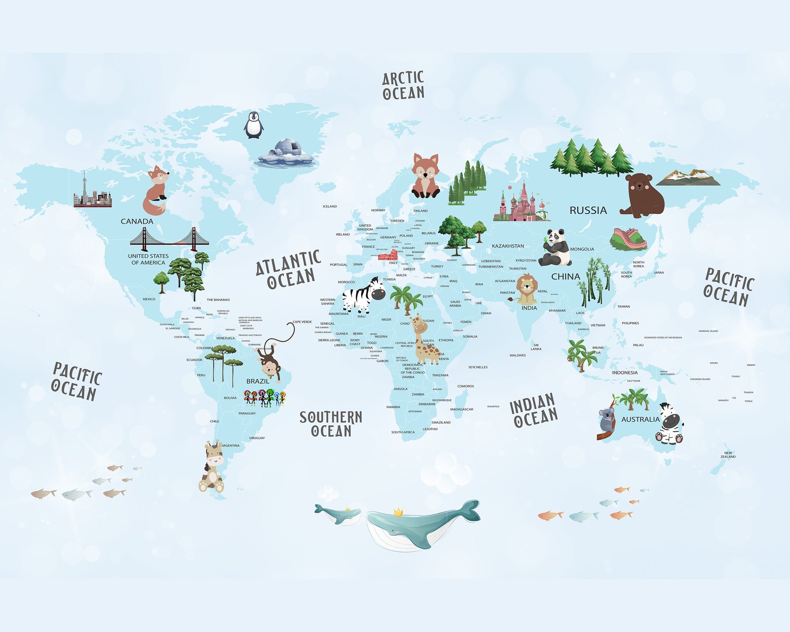 Blue World Map Wallpaper Wall Cover Design Nursery - Etsy