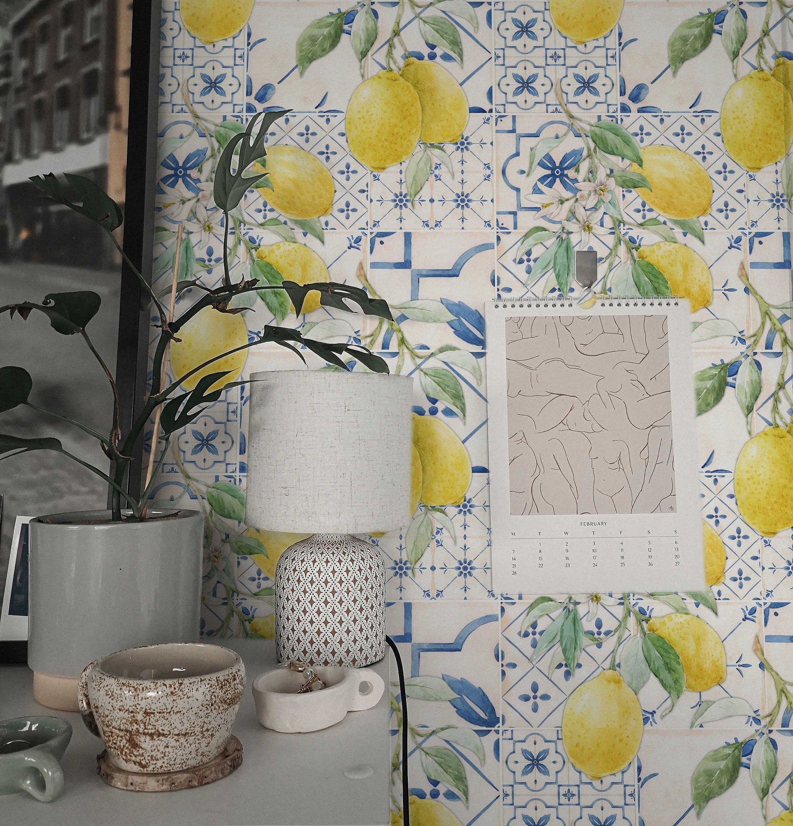 Hand-drawn Watercolor Lemons and Blue Sicilian Style Tiles Removable ...
