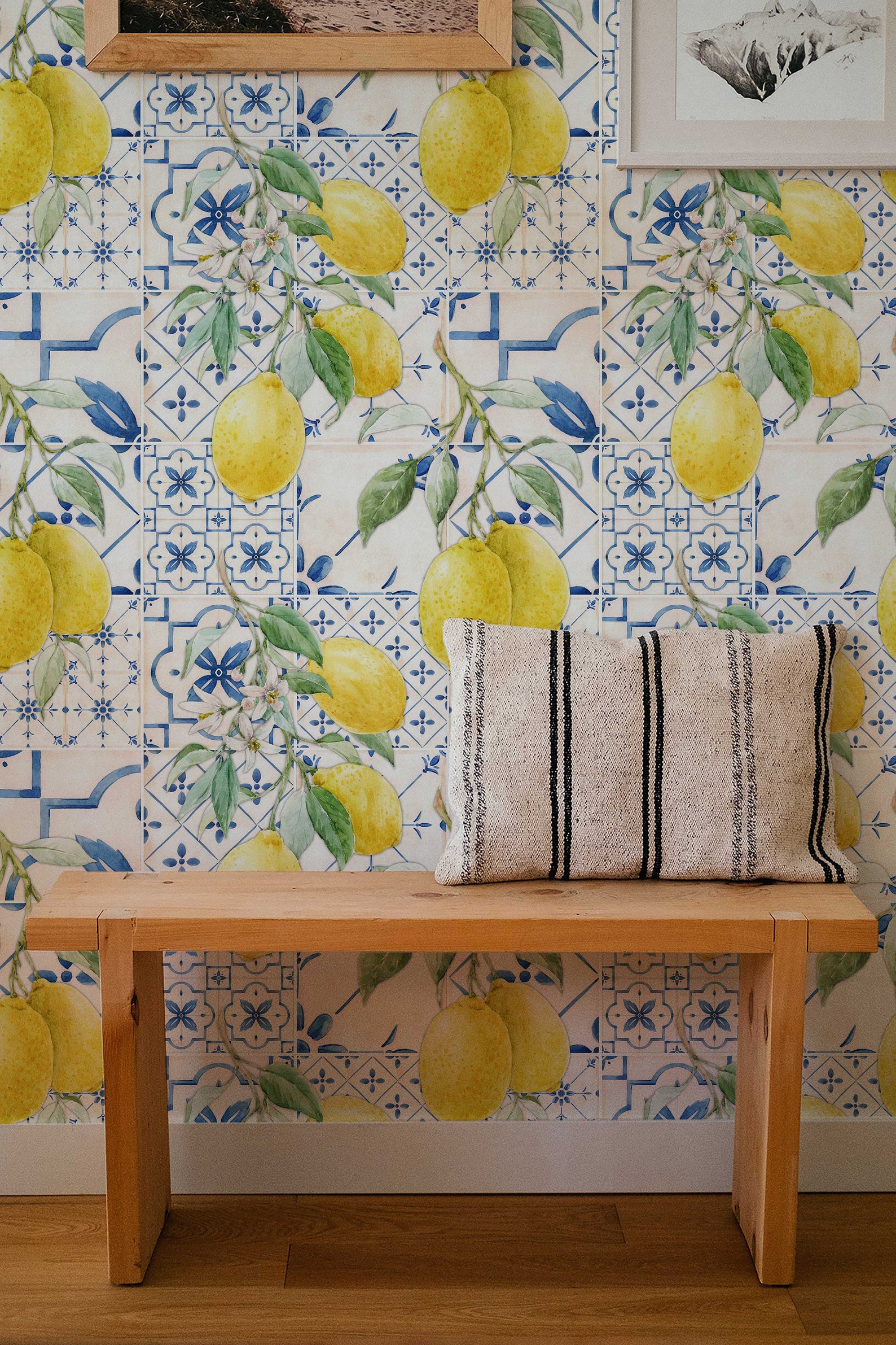 Hand-drawn Watercolor Lemons and Blue Sicilian Style Tiles Removable ...