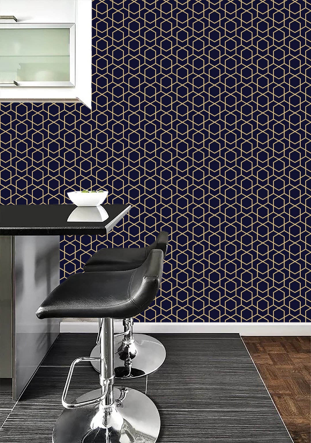 Navy and Gold Hexagon Removable Wallpaper Geometric Wallpaper Self ...