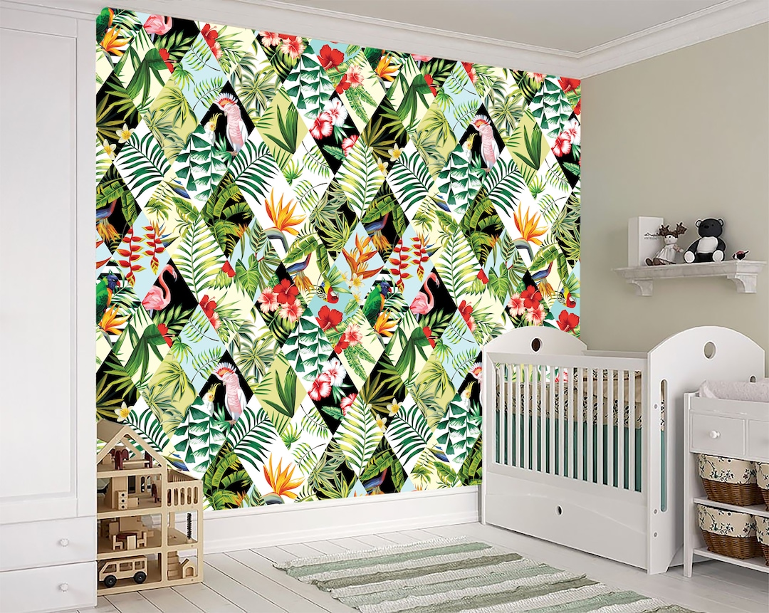 Tropical Palm Patchwork Wallpaper: Green Floral Peel and Stick - Etsy