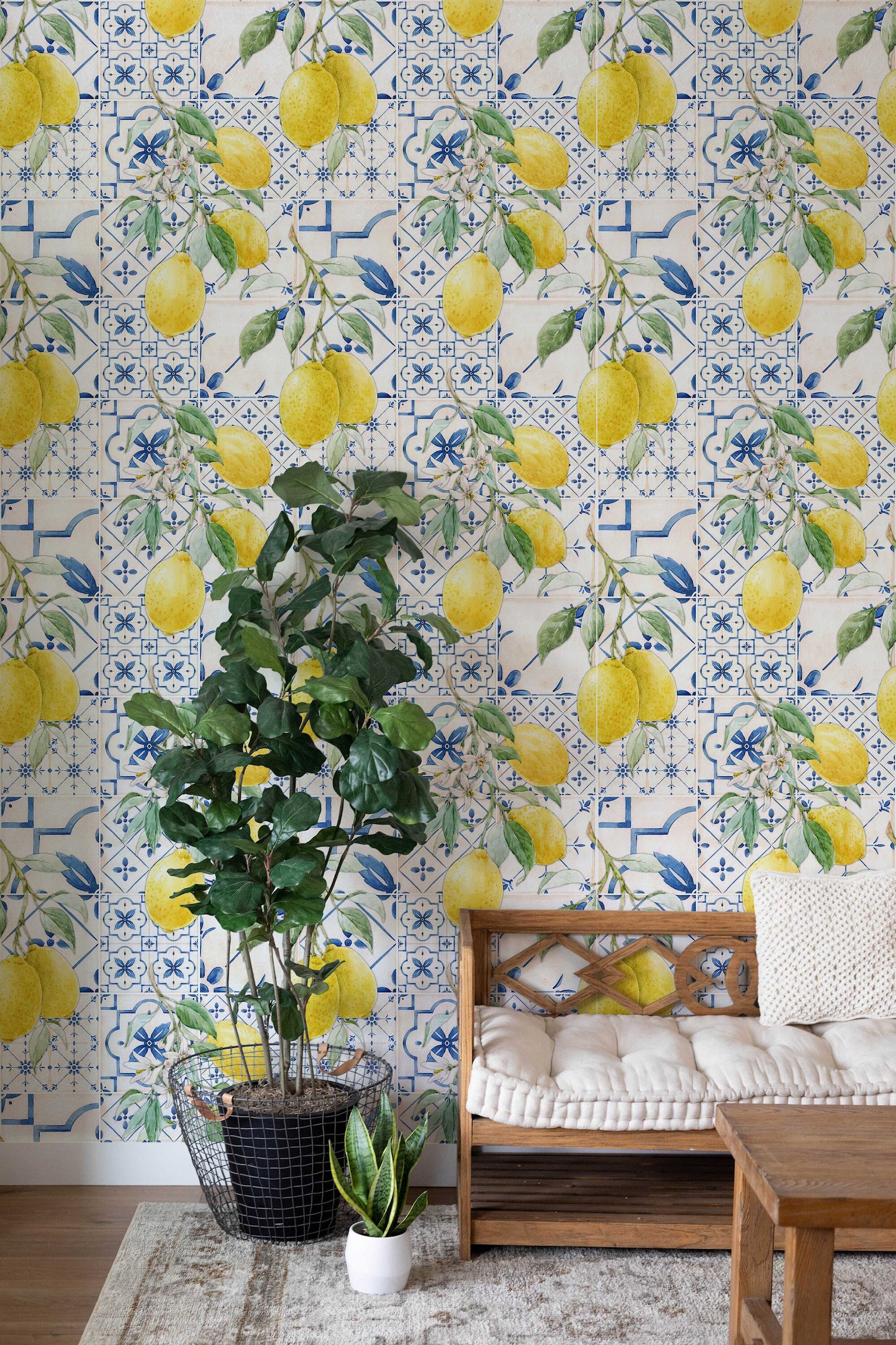 Hand-drawn Watercolor Lemons and Blue Sicilian Style Tiles Removable ...