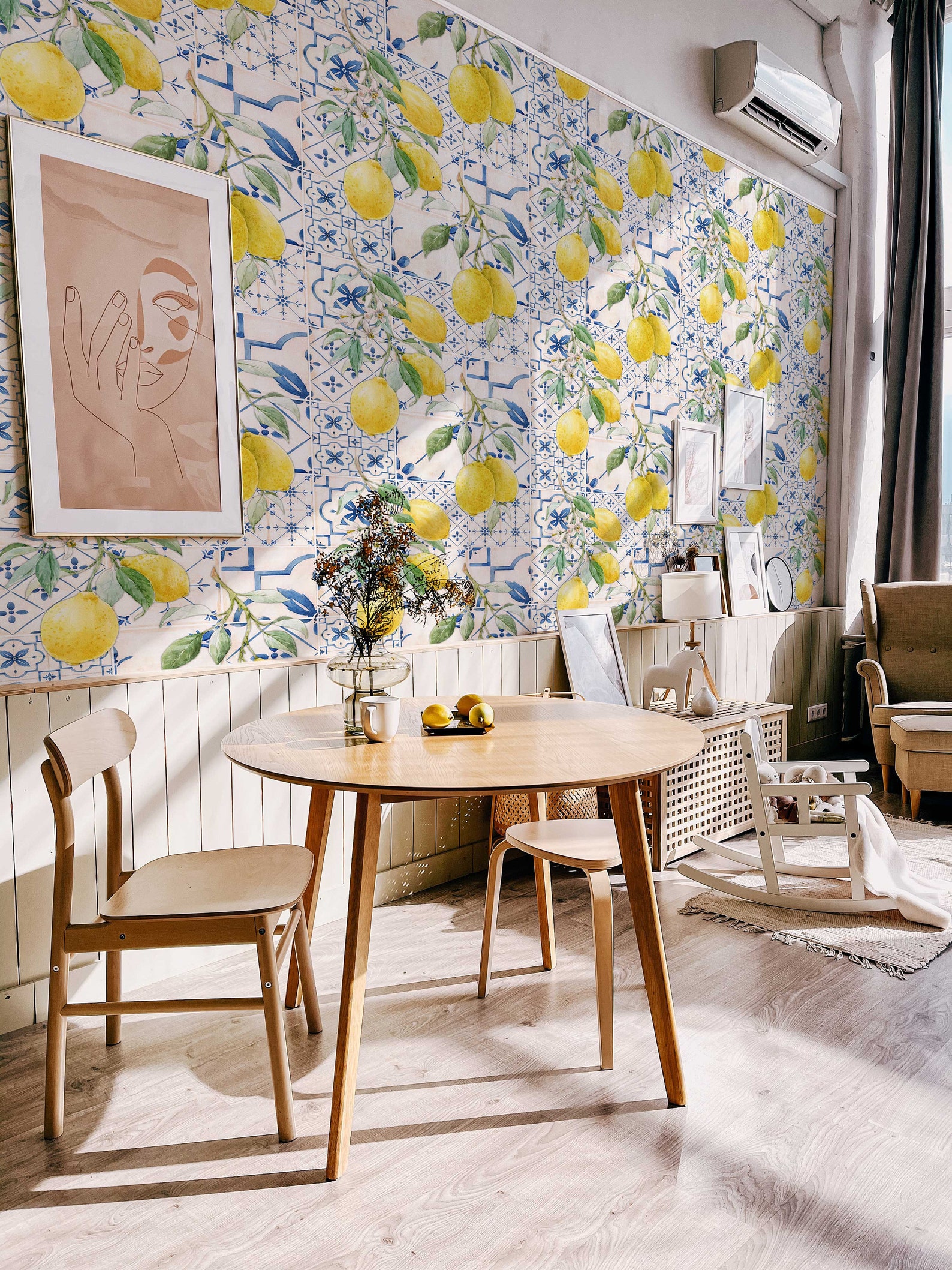 Hand-drawn Watercolor Lemons and Blue Sicilian Style Tiles Removable ...