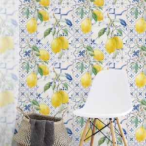 Hand-drawn Watercolor Lemons and Blue Sicilian Style Tiles Removable ...