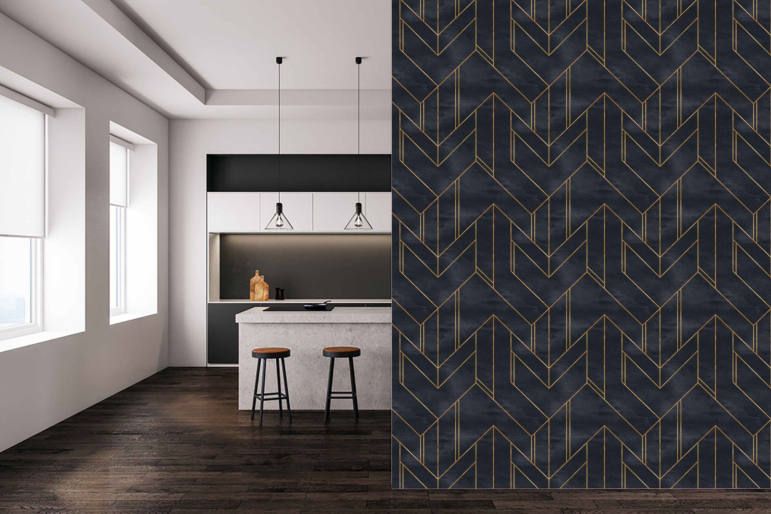 Gold and Navy Blue Geometric Wallpaper Wall Mural Minimalistic - Etsy