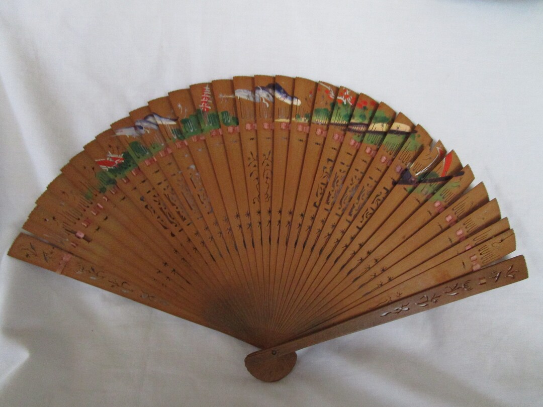 Antique Pierced Wood Stick & Hand Painted Hand Fan - Etsy